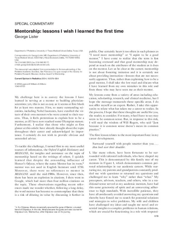 (PDF) Mentorship: lessons I wish I learned the first time
