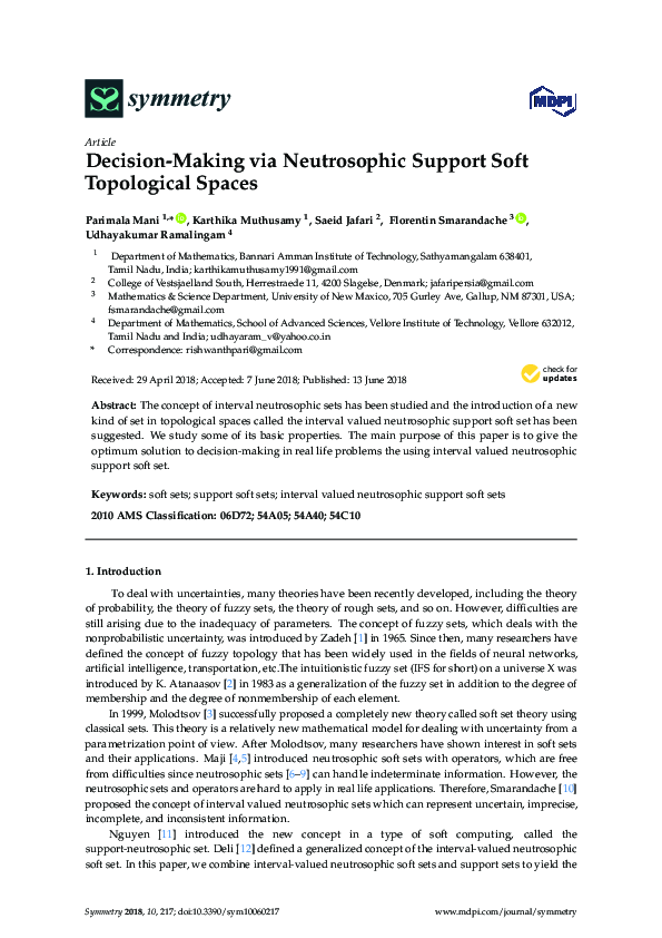(PDF) Decision-Making via Neutrosophic Support Soft Topological Spaces