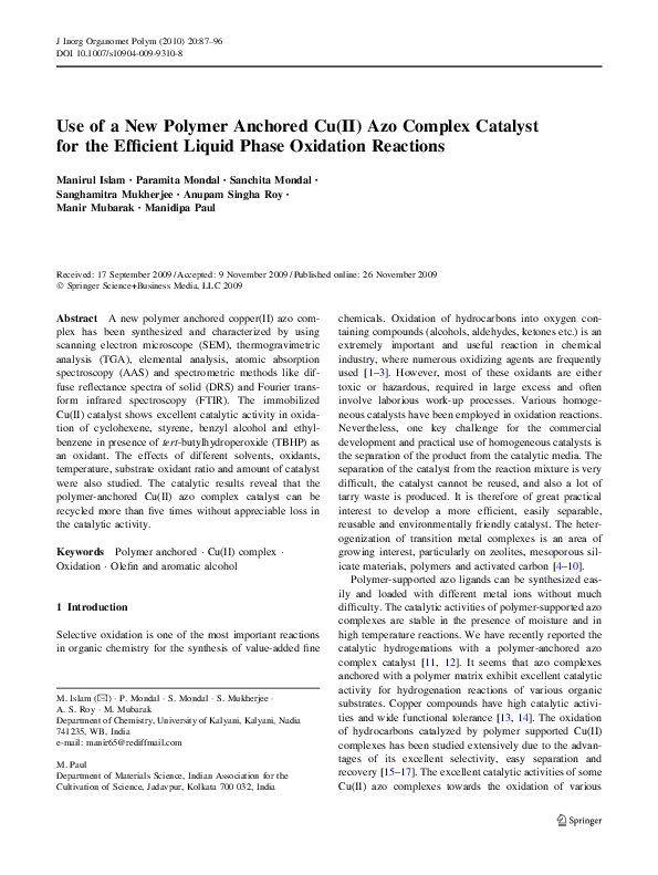 (PDF) Use of a New Polymer Anchored Cu(II) Azo Complex Catalyst for the Efficient Liquid Phase ...