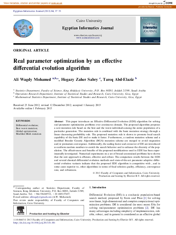 (PDF) Real parameter optimization by an effective differential evolution algorithm