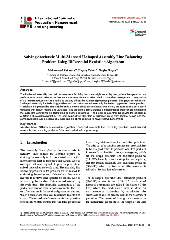 Pdf Solving Stochastic Multi Manned U Shaped Assembly Line Balancing Problem Using 