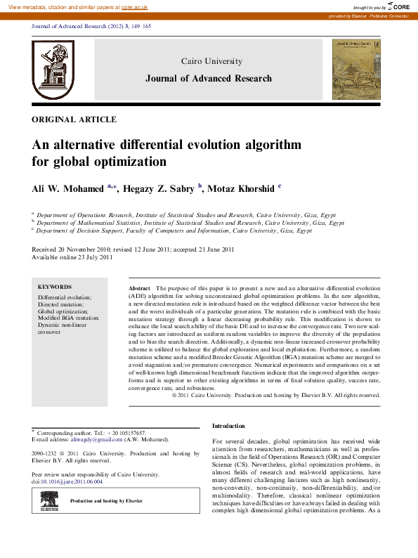 An alternative differential evolution algorithm for global optimization