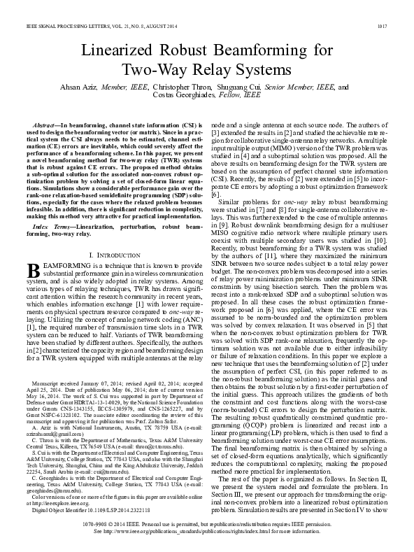 (PDF) Linearized Robust Beamforming for Two-Way Relay Systems | Christopher Thron - Academia.edu