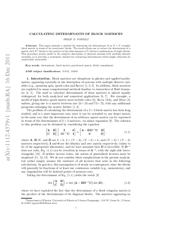 Pdf Calculating Determinants Of Block Matrices Philip Powell