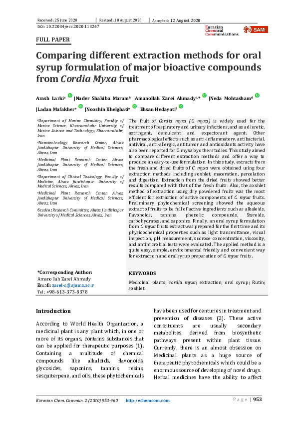 Pdf Comparing Different Extraction Methods For Oral Syrup Formulation