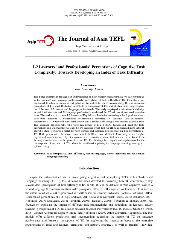 (PDF) L2 Learners’ and Professionals’ Perceptions of Cognitive Task Complexity : Towards ...