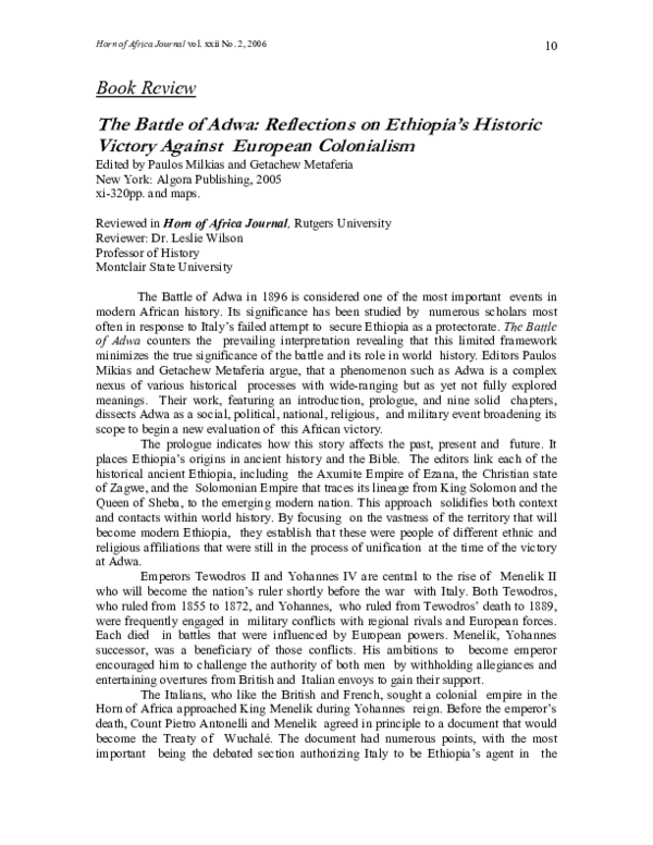 (PDF) The Battle of Adwa: reflections on Ethiopia's historic victory ...