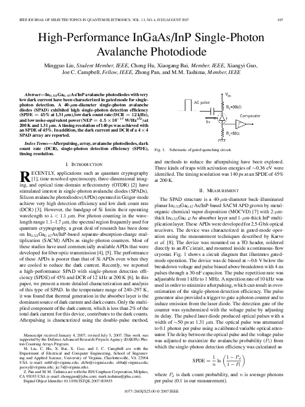 (PDF) High-Performance InGaAs/InP Single-Photon Avalanche Photodiode