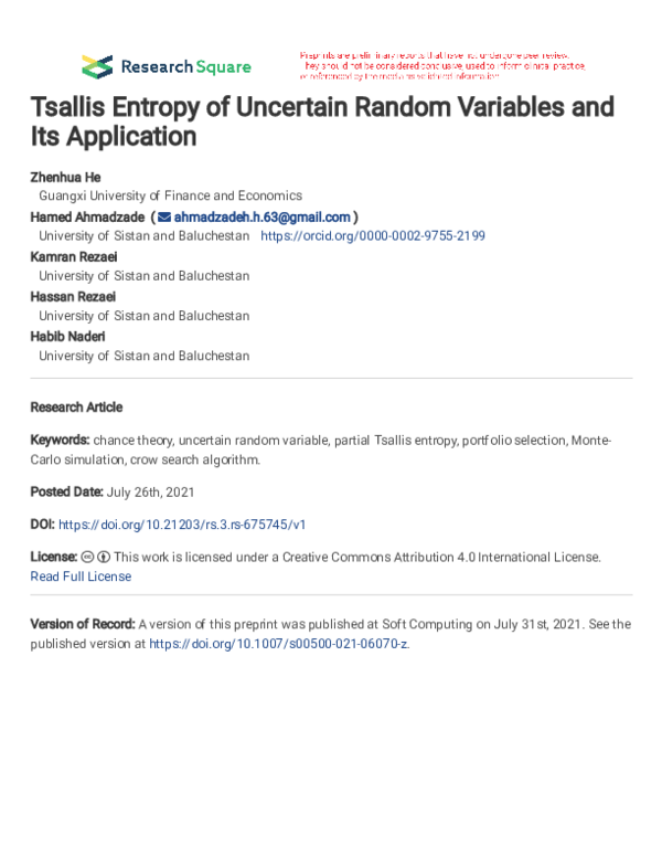 Pdf Tsallis Entropy Of Uncertain Random Variables And Its Application