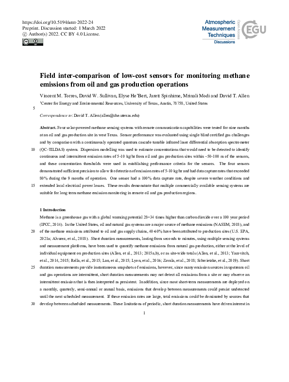 (PDF) Field inter-comparison of low-cost sensors for monitoring methane emissions from oil and ...