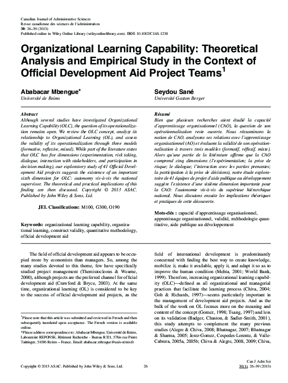 (PDF) Organizational Learning Capability: Theoretical Analysis and Empirical Study in the ...