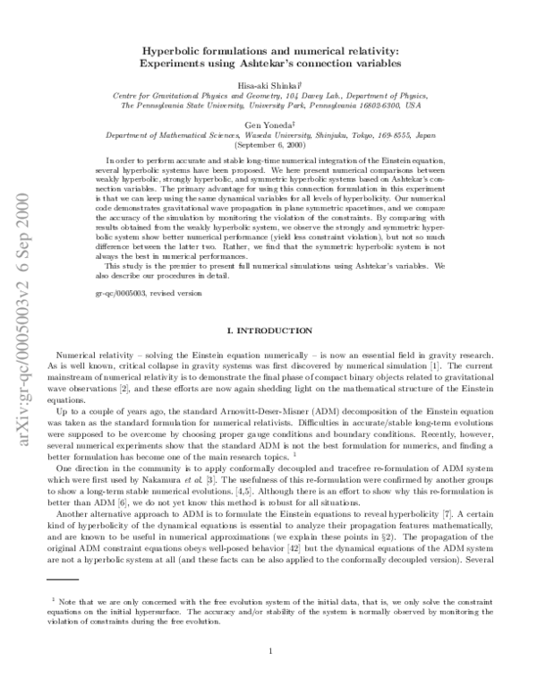 (PDF) Hyperbolic formulations and numerical relativity: Experiments using Ashtekar's connection ...