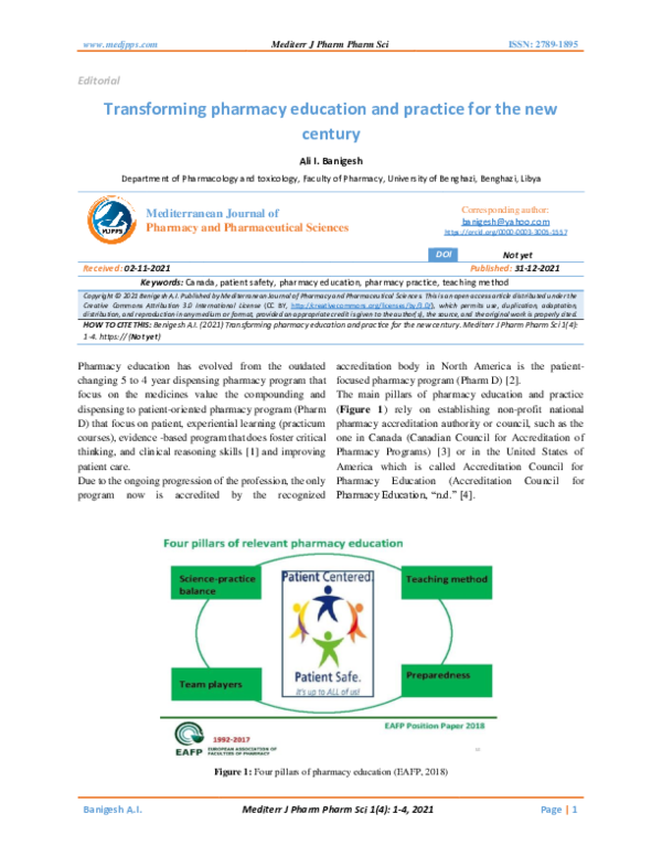 (PDF) Transforming pharmacy education and practice for the new century