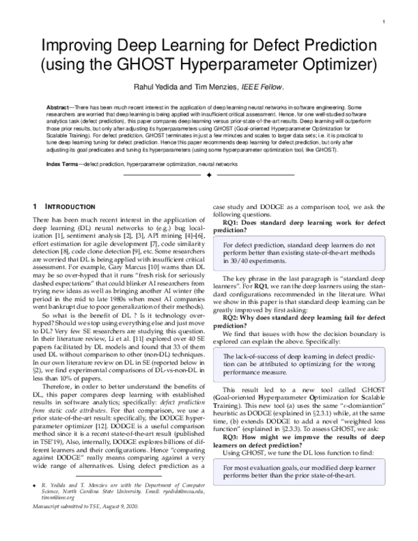 (PDF) Improving Deep Learning for Defect Prediction (using the GHOST Hyperparameter Optimizer)