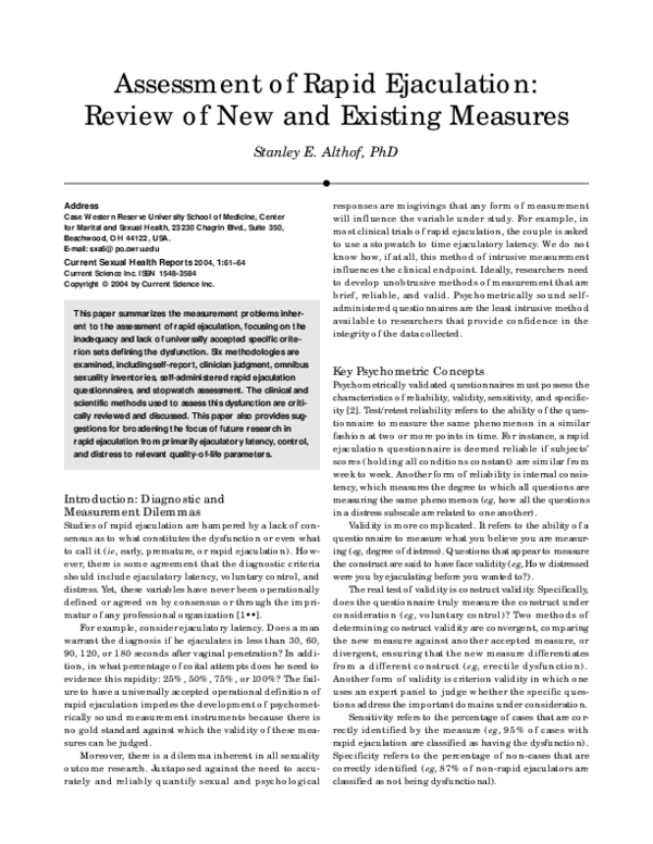 Pdf Assessment Of Rapid Ejaculation Review Of New And Existing Measures