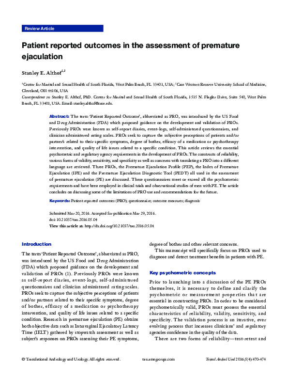 Pdf Patient Reported Outcomes In The Assessment Of Premature Ejaculation