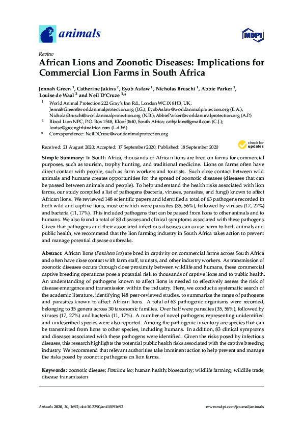 (PDF) African Lions and Zoonotic Diseases: Implications for Commercial ...