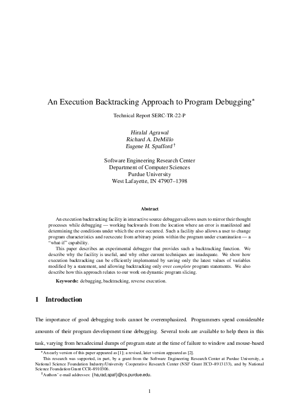 (PDF) An execution-backtracking approach to debugging | Eugene H Spafford - Academia.edu