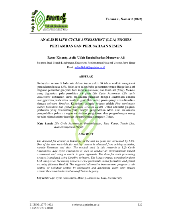 (PDF) Analisis Life Cycle Assessment (Lca) Proses Pertambangan Perusahaan Semen