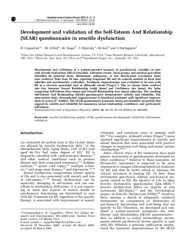 (PDF) Development and validation of the Self-Esteem And Relationship (SEAR) questionnaire in ...