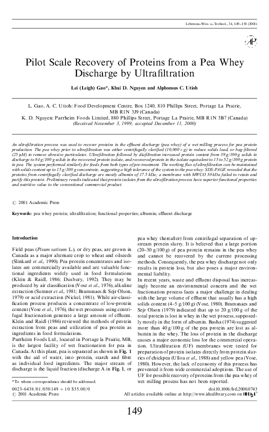 (PDF) Pilot Scale Recovery of Proteins from a Pea Whey Discharge by ...