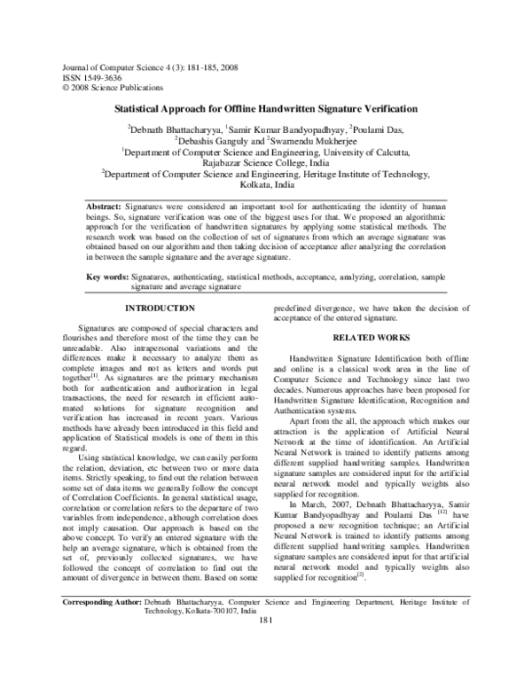 Pdf Statistical Approach For Offline Handwritten Signature Verification