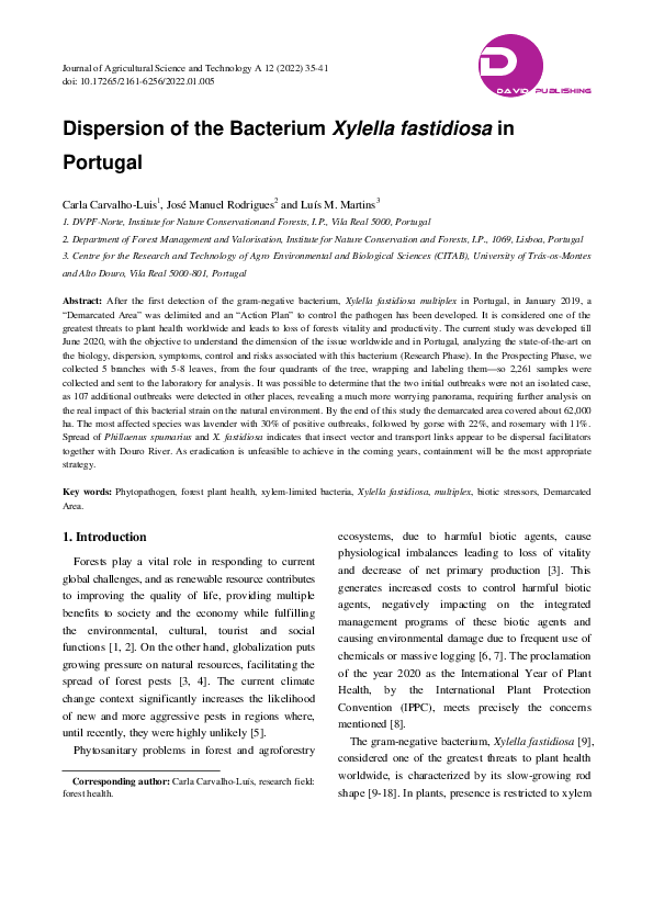(PDF) Dispersion of the Bacterium Xylella fastidiosa in Portugal