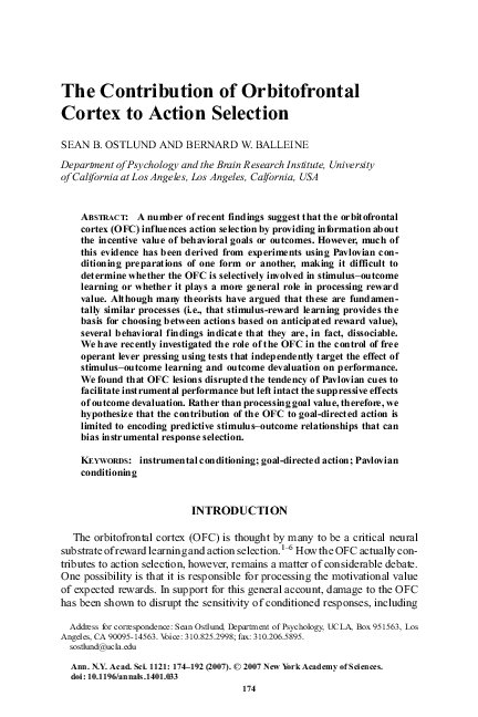 Pdf The Contribution Of Orbitofrontal Cortex To Action Selection