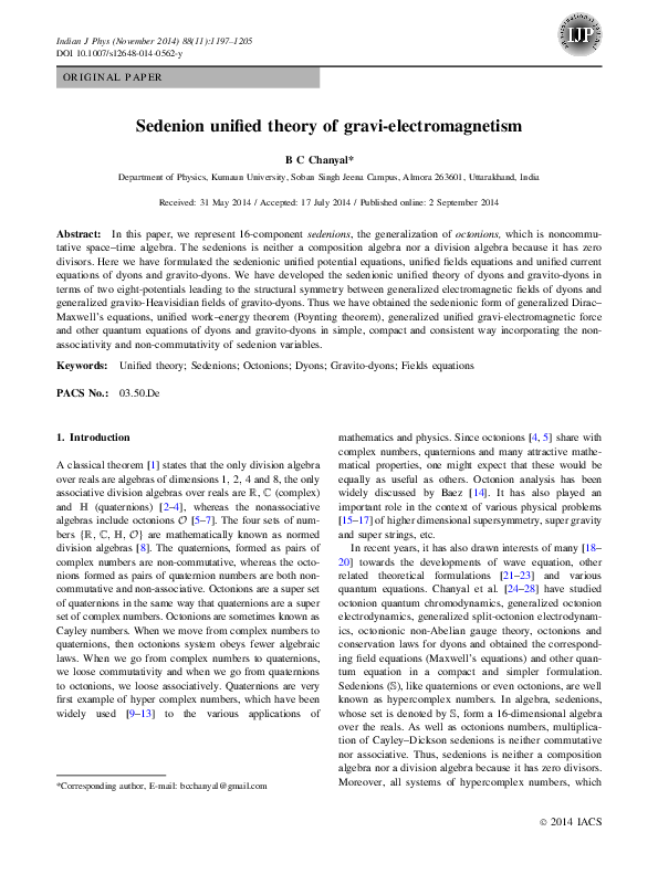 (PDF) Sedenion unified theory of gravi-electromagnetism