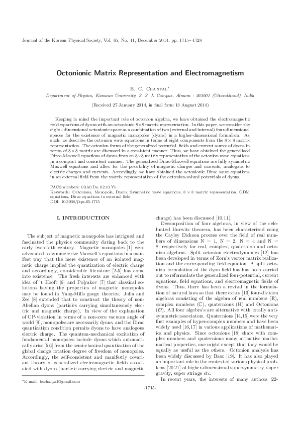 (PDF) Octonionic matrix representation and electromagnetism