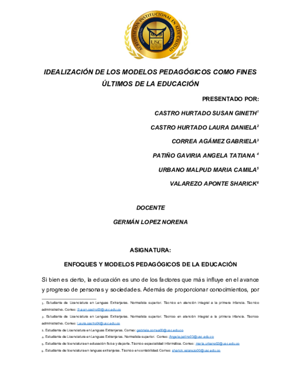 (DOC) Relatoría: Modelos pedagógicos: medios, no fines de la educación