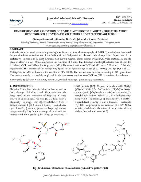 Pdf Development And Validation Of Rp Hplc Method For Simultaneous Estimation Of Sofosbuvir And