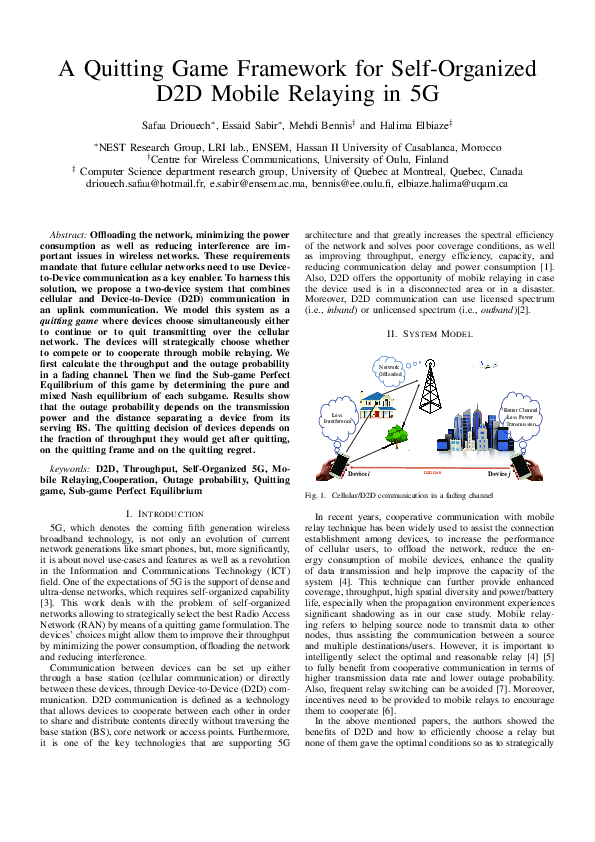 (PDF) A Quitting Game Framework for Self-Organized D2D Mobile Relaying ...