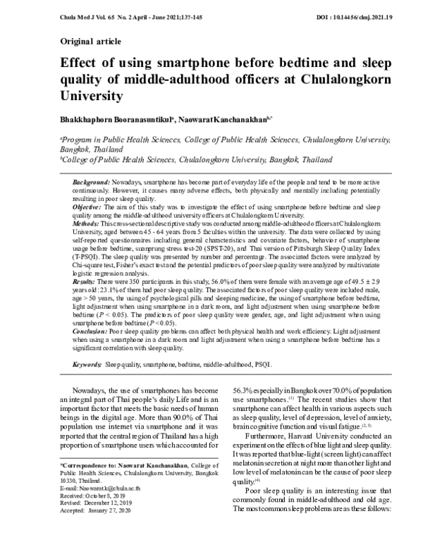 (PDF) Effect of using smartphone before bedtime and sleep quality of ...
