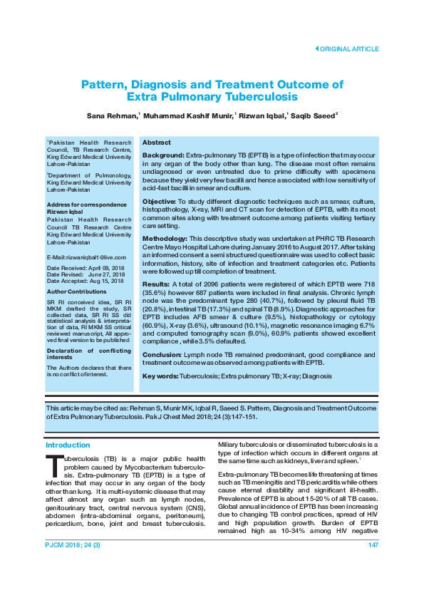 (PDF) Pattern, Diagnosis and Treatment Outcome of Extra Pulmonary Tuberculosis