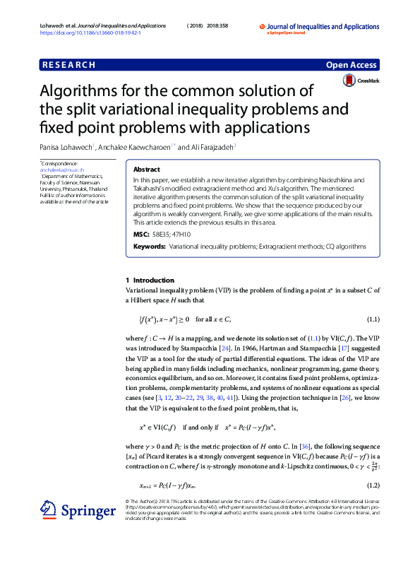 (PDF) Algorithms for the common solution of the split variational inequality problems and fixed ...