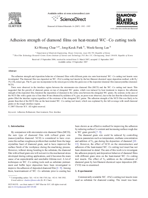 (PDF) Adhesion strength of diamond films on heat-treated WC–Co cutting ...