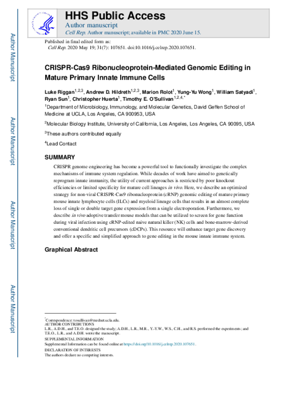 (PDF) CRISPR-Cas9 Ribonucleoprotein-Mediated Genomic Editing in Mature ...