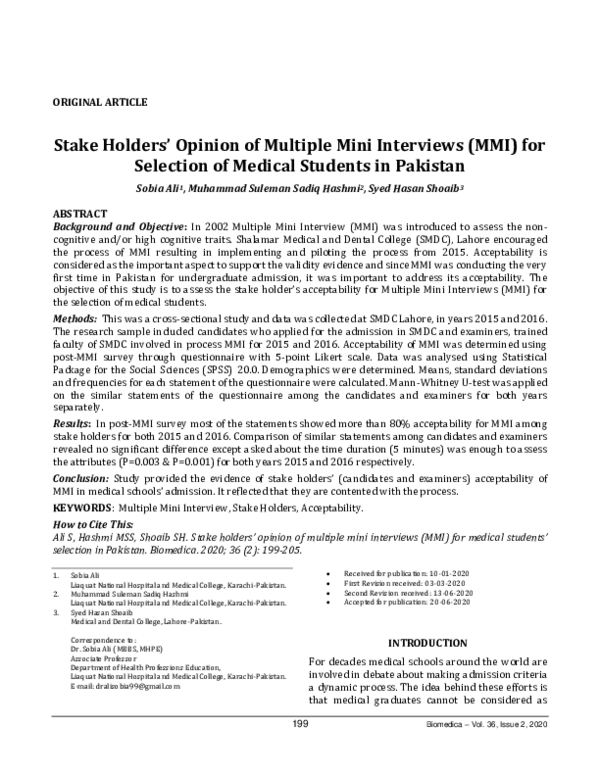 (PDF) Stakeholder Acceptance of MMIs for Medical Admissions in Pakistan