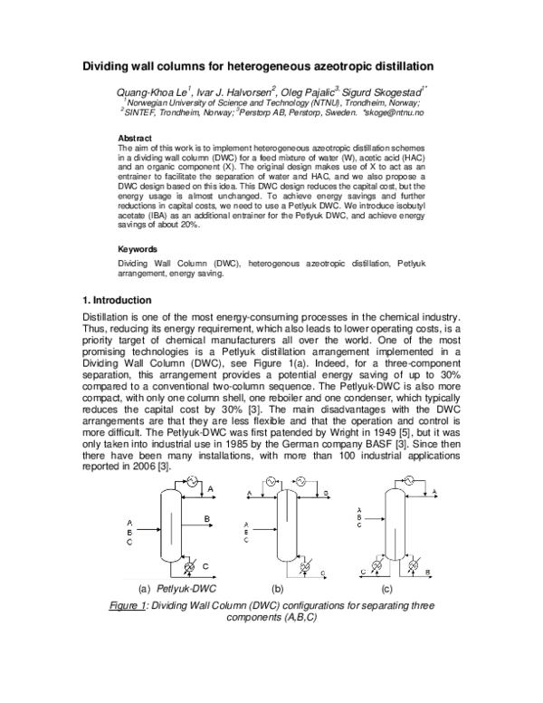 (PDF) Dividing wall columns for heterogeneous azeotropic distillation