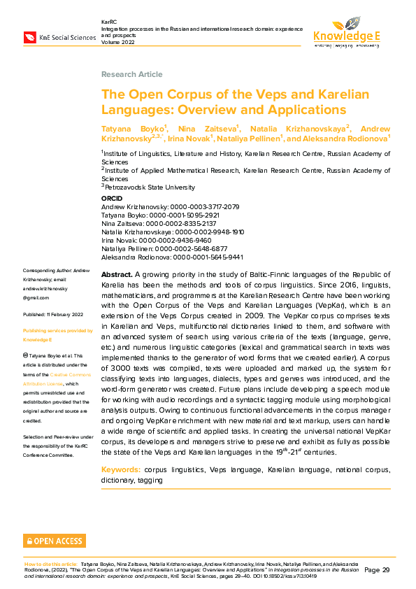 (PDF) The Open Corpus of the Veps and Karelian Languages: Overview and ...