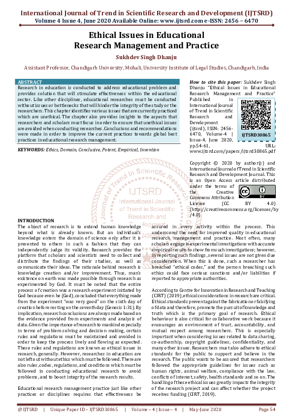 (PDF) Ethical Issues in Educational Research Management and Practice