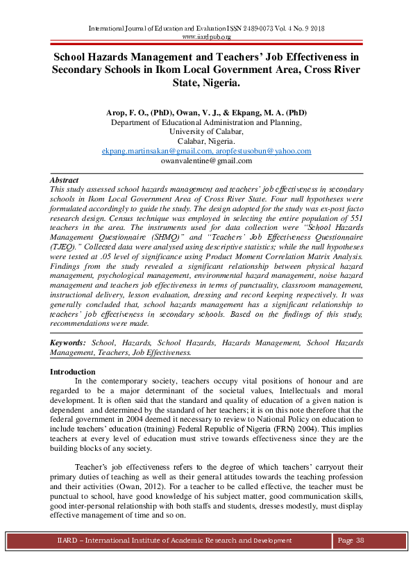 (PDF) School hazards management and teachers' job effectiveness in ...