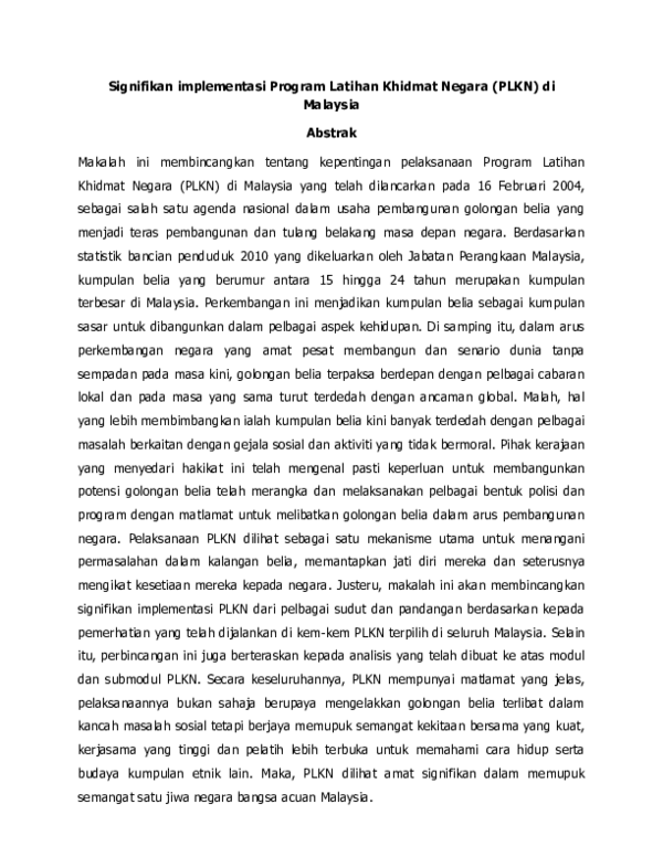 (PDF) Signifikan implementasi Program Latihan Khidmat Negara (PLKN) di ...