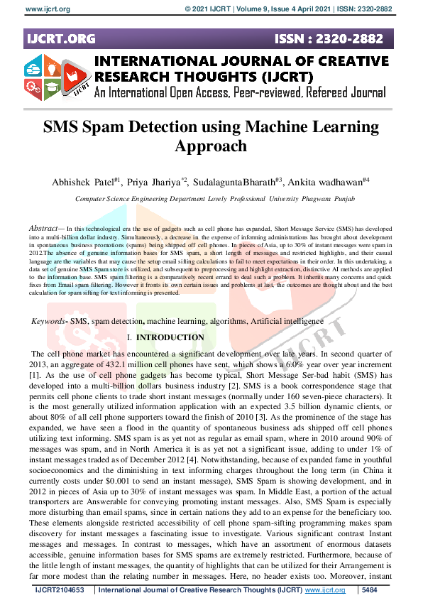 Pdf Sms Spam Detection Using Machine Learning Approach
