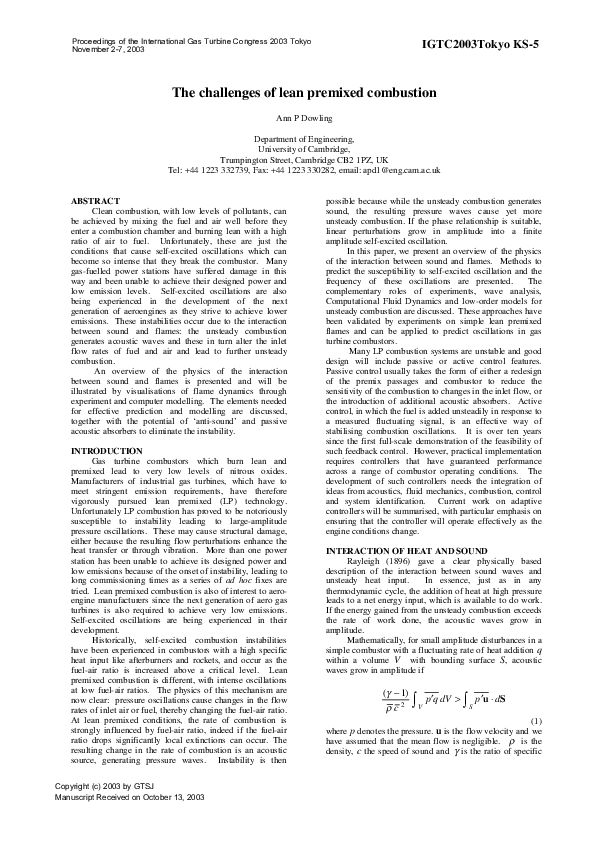 (PDF) The challenges of lean premixed combustion