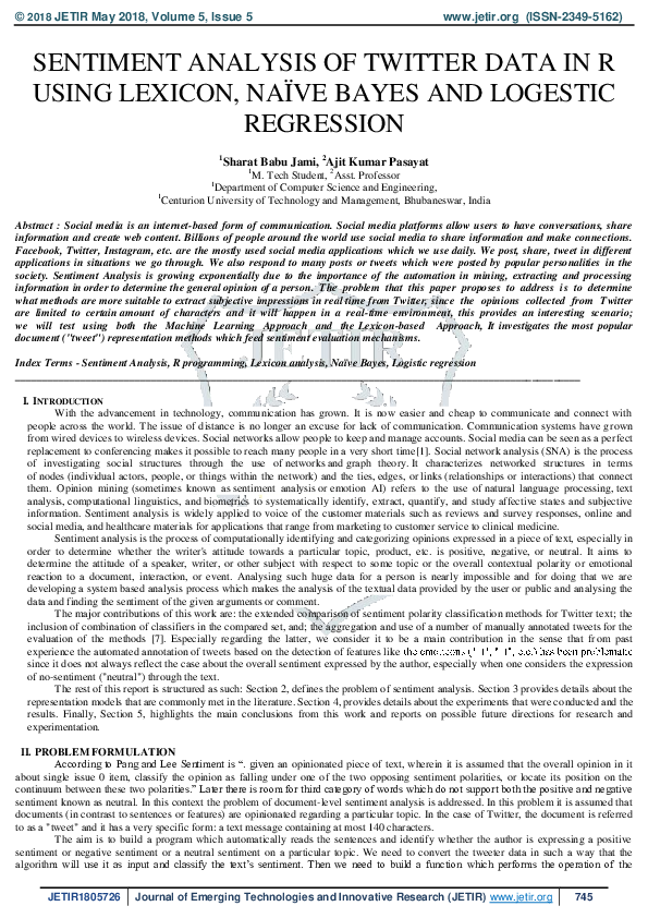 Pdf Sentiment Analysis Of Twitter Data In R Using Lexicon Naïve Bayes And Logestic Regression