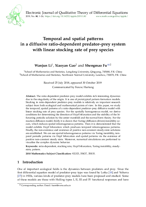 Pdf Temporal And Spatial Patterns In A Diffusive Ratio Dependent