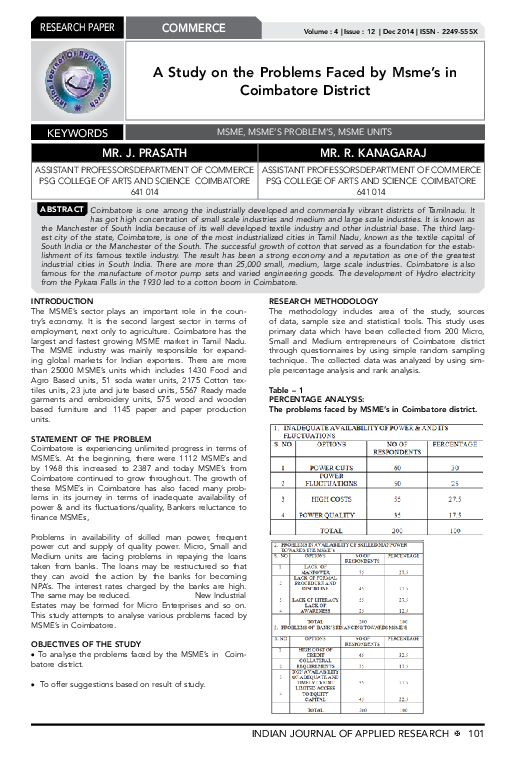 (PDF) A Study on the Problems Faced by Msme's in Coimbatore District