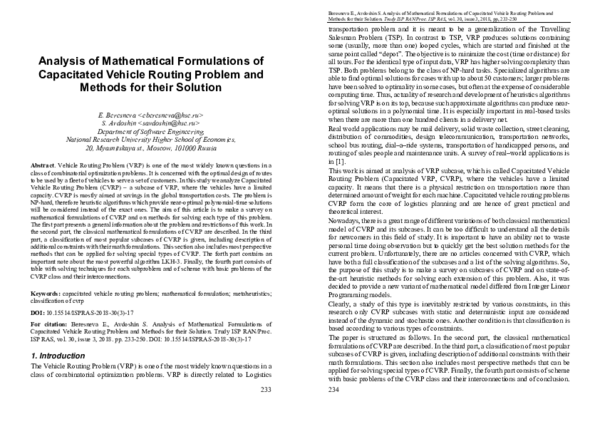 Pdf Analysis Of Mathematical Formulations Of Capacitated Vehicle Routing Problem And Methods